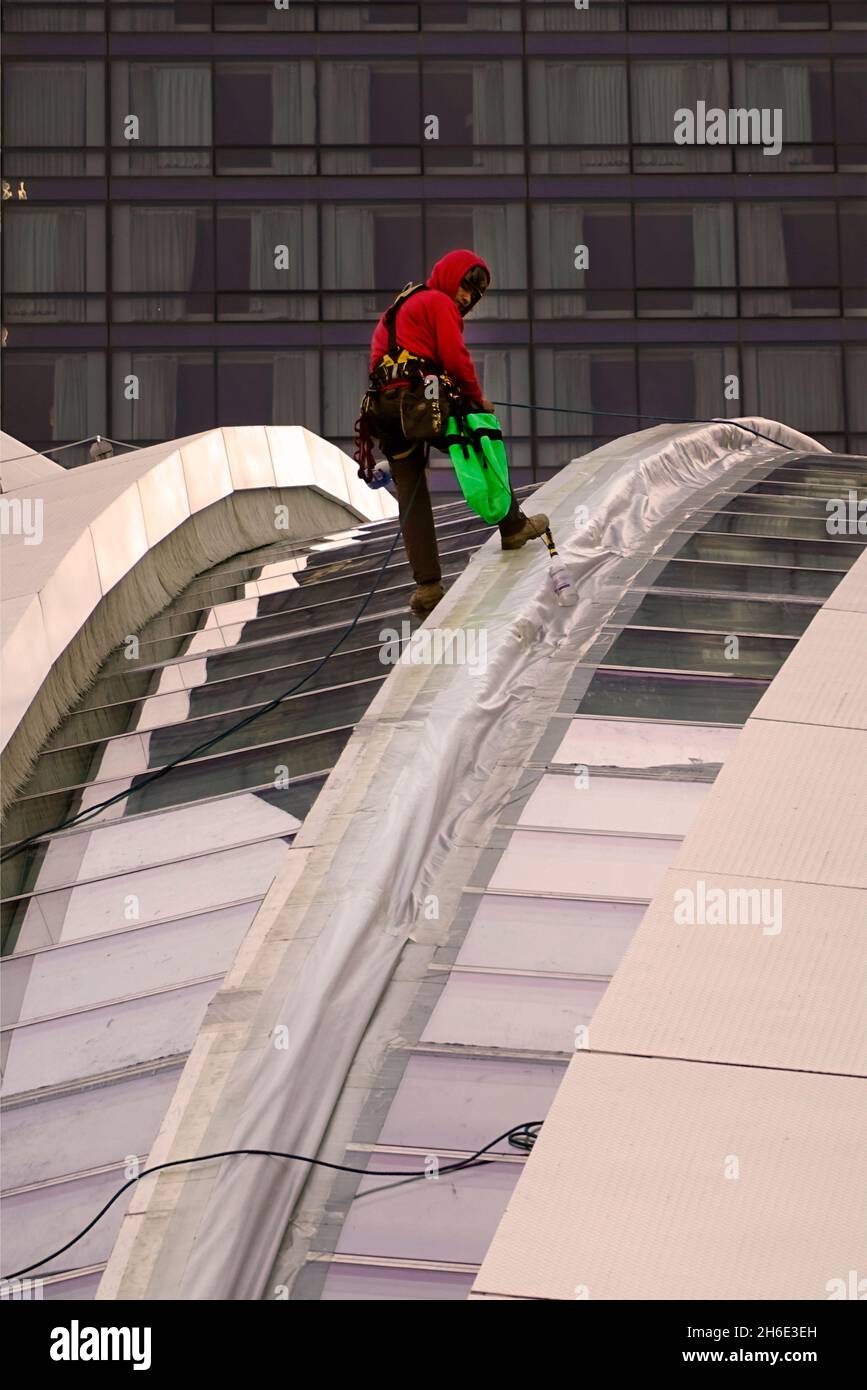 window washer on top of Oculus world trade center subway station ...