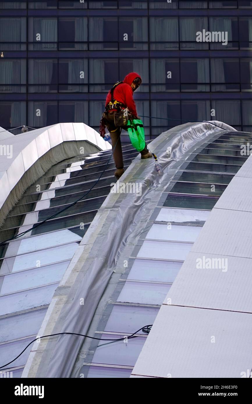 window washer on top of Oculus world trade center subway station ...