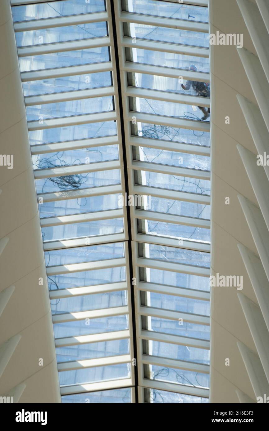 window washer on top of Oculus world trade center subway station ...