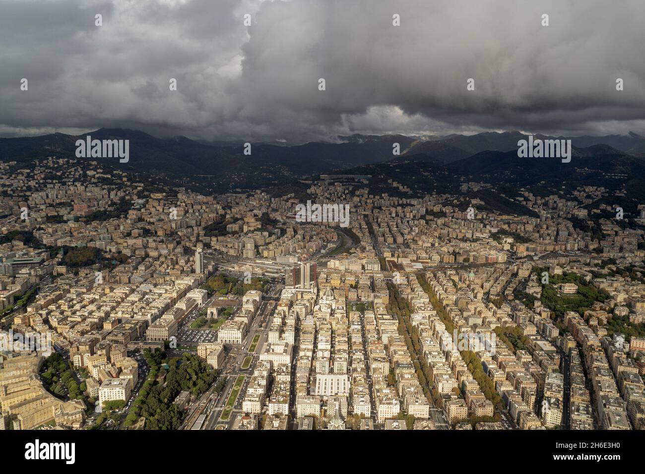 genoa aerial view before landing on cloudy day panorama Stock Photo - Alamy