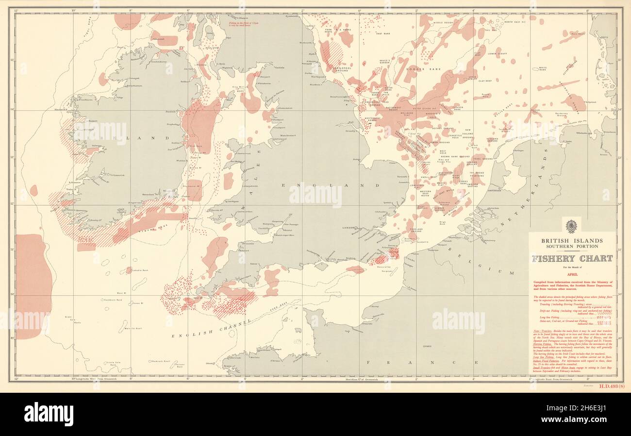 British Isles South April Fishery Chart English Channel Irish North Sea ...
