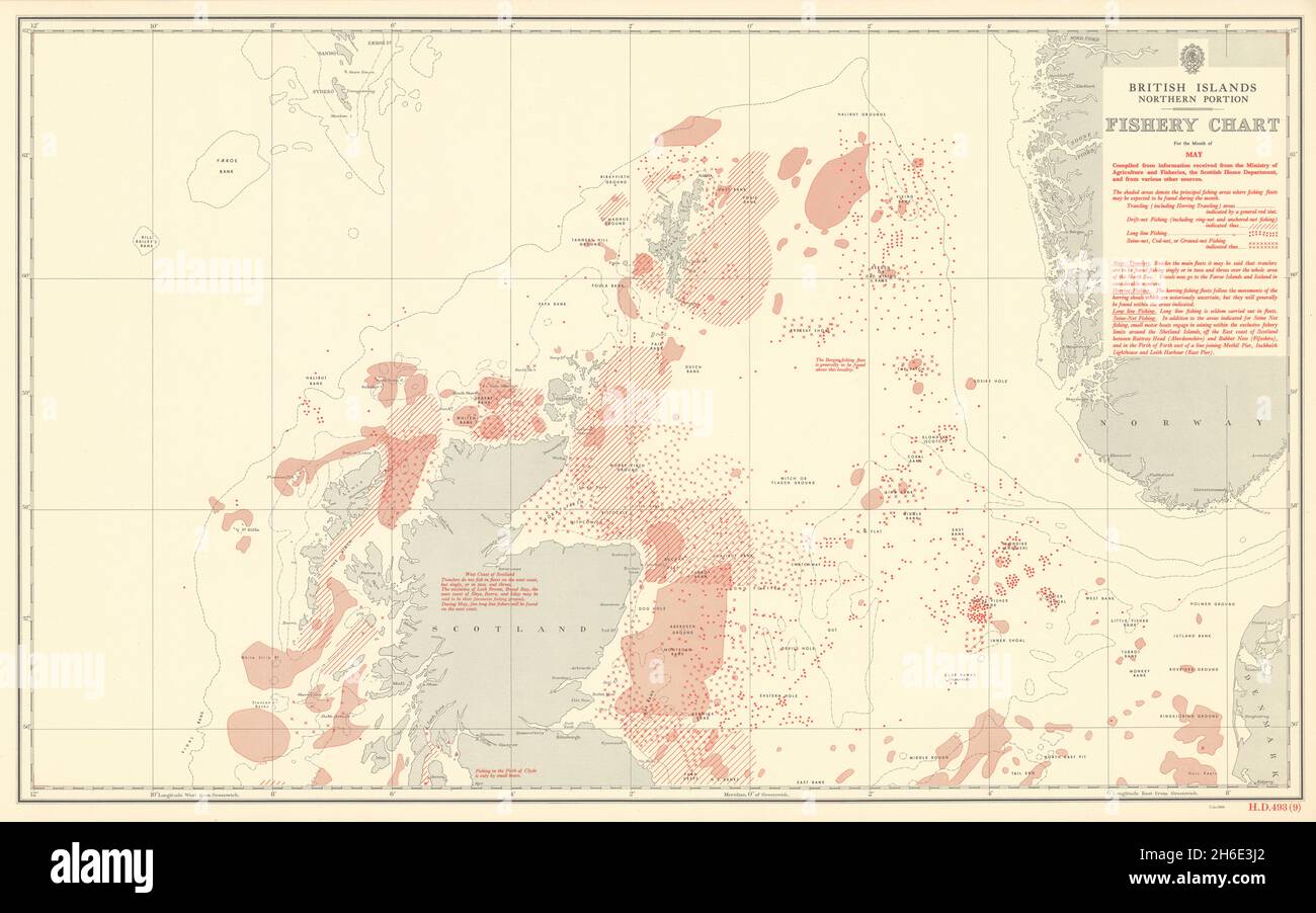 British Isles North May Fishery Chart Scotland North Sea Atlantic 1953 ...