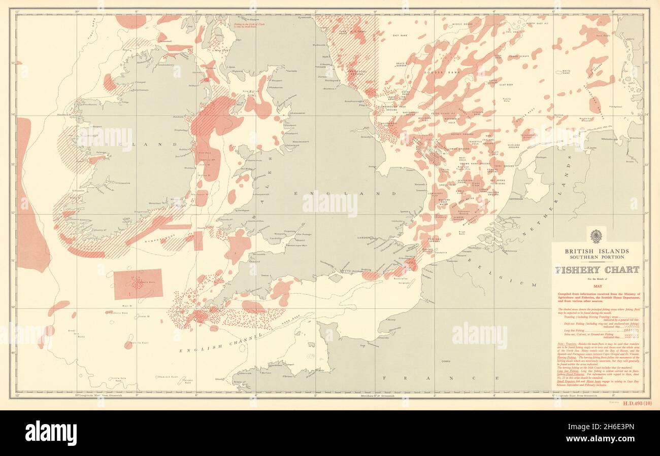 British Isles South May Fishery Chart English Channel Irish North Sea ...