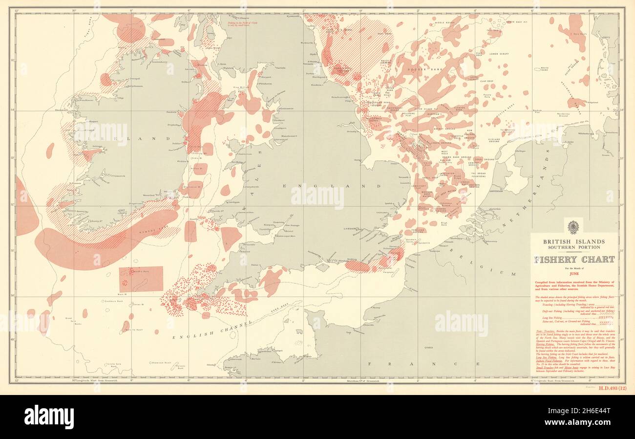 British Isles South June Fishery Chart English Channel Irish North Sea ...