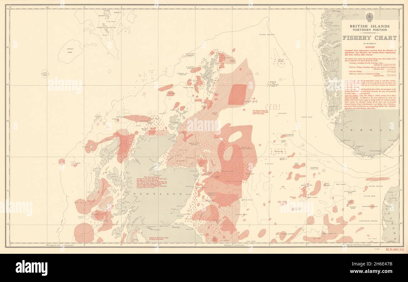 British Isles North August Fishery Chart Scotland North Sea Atlantic ...