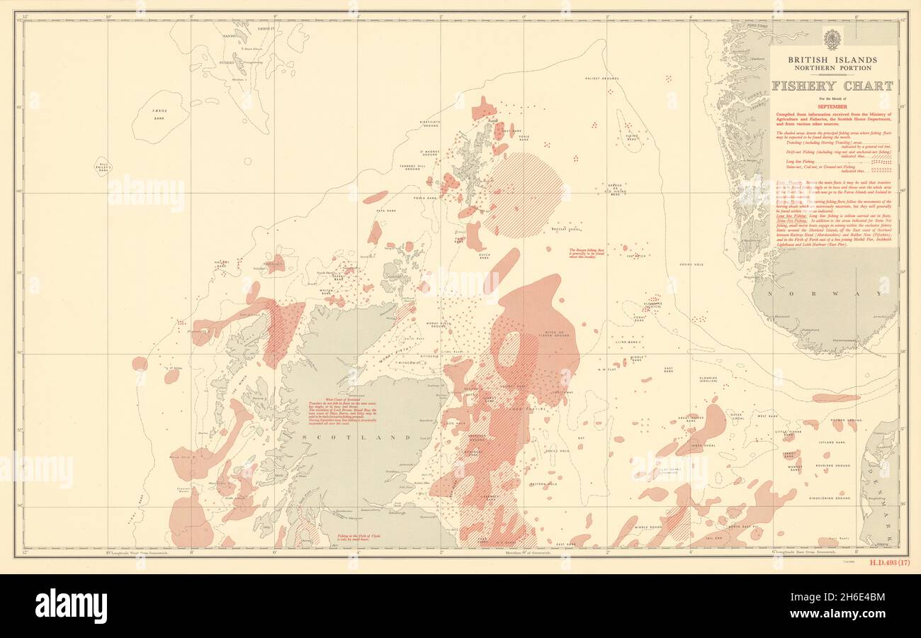 British Isles North September Fishery Chart Scotland North Sea Atlantic ...