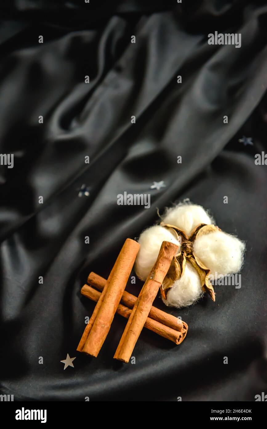 Top view of cinnamon small sticks and a white cotton piece on a black ...