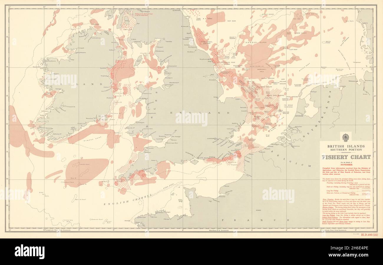 British Isles South November Fishery Chart English Channel North Sea ...