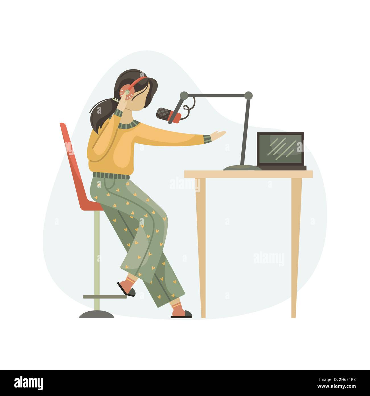 Vector illustration of a girl recording a podcast in a home studio. The ...