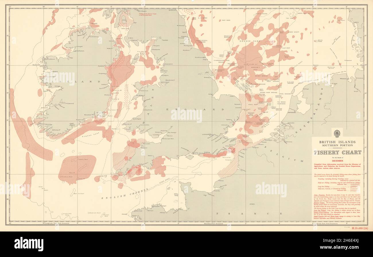 British Isles South December Fishery Chart English Channel North Sea ...