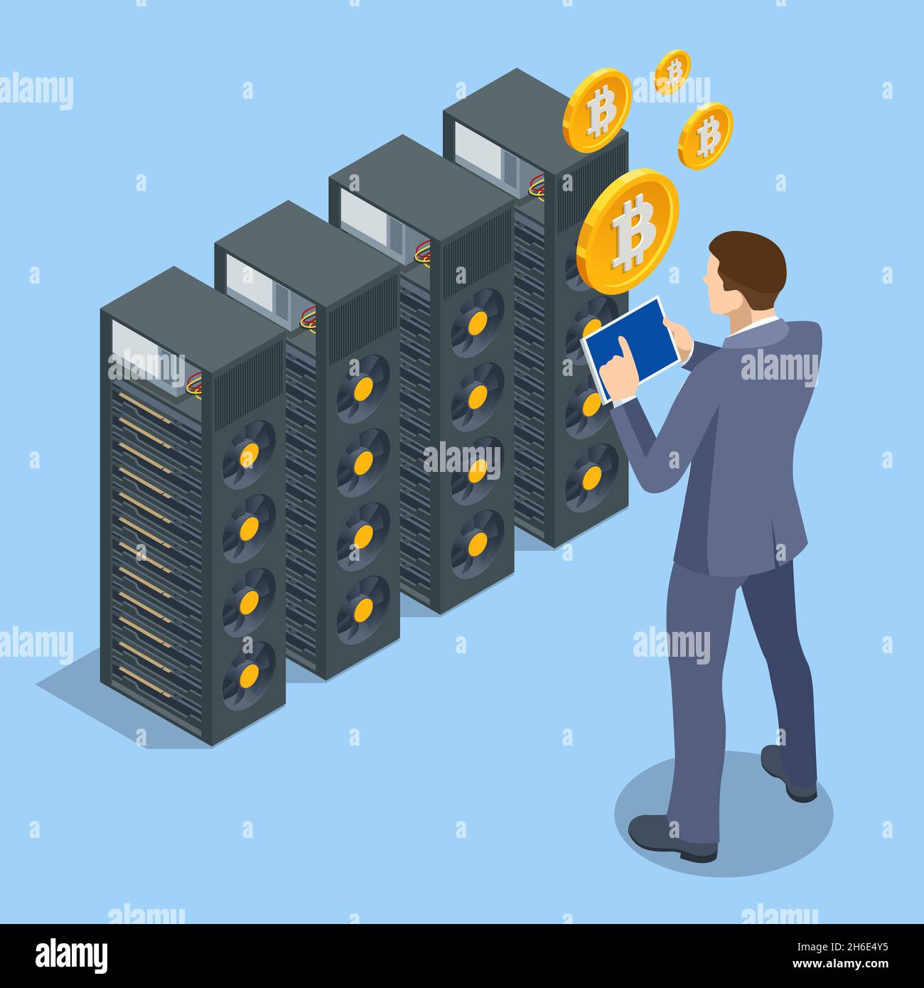 Isometric cryptocurrency mining farm. Cryptocurrency mining equipment ...