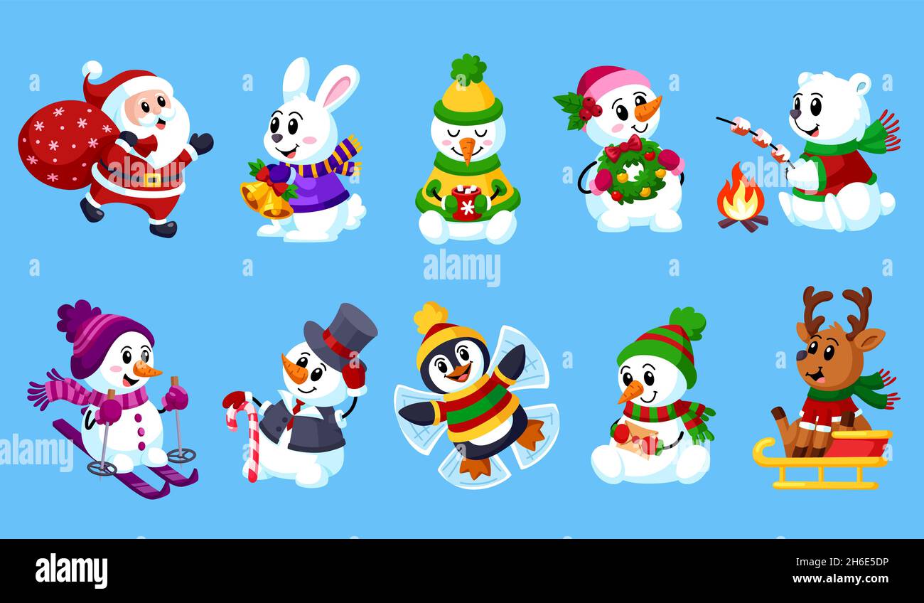 Cute cartoon christmas characters. Snowmen collection, santa claus and ...