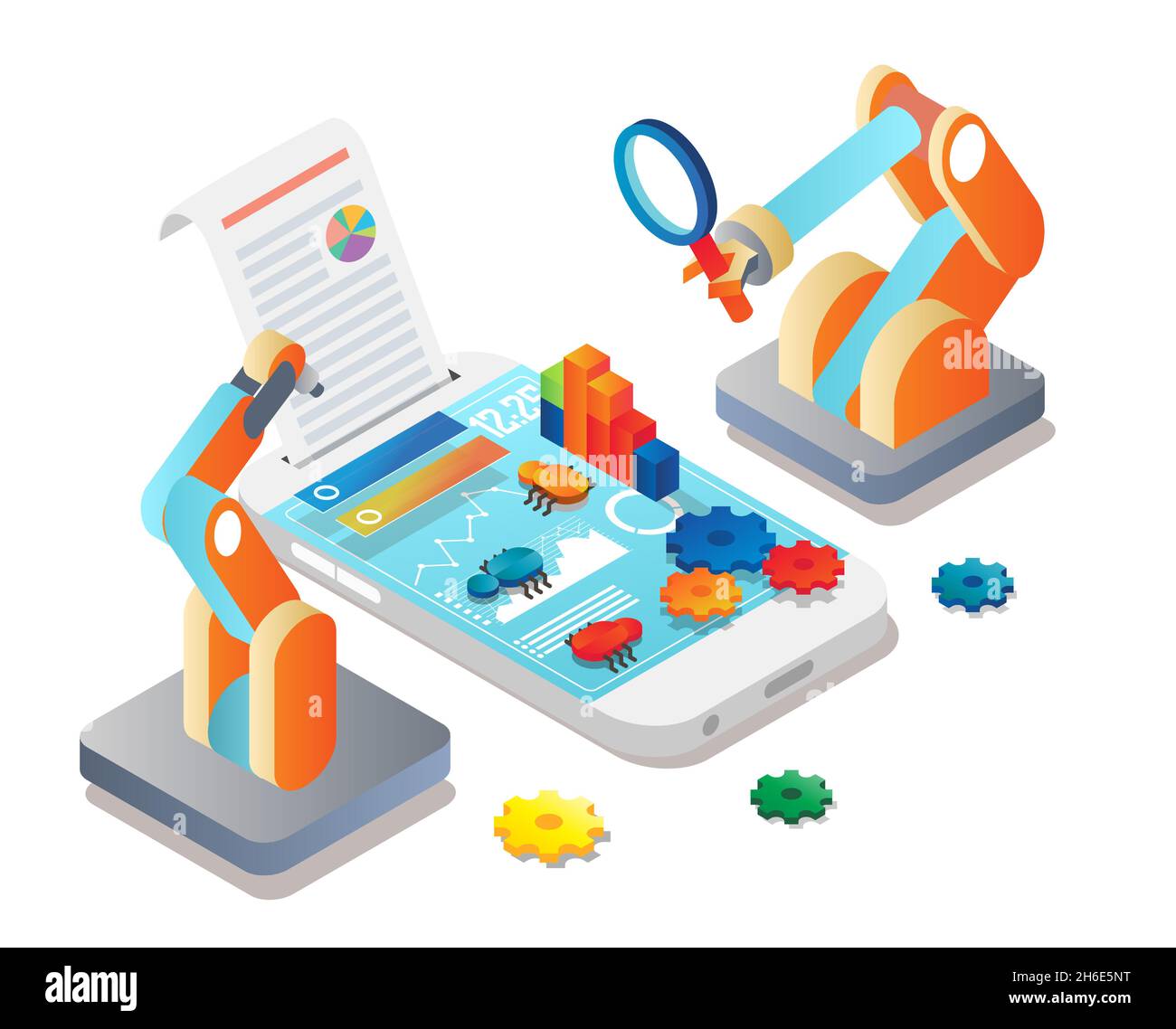 Automated mobile app testing, vector isometric illustration. Debugging ... Automated mobile app testing, vector isometric illustration. Debugging ...
