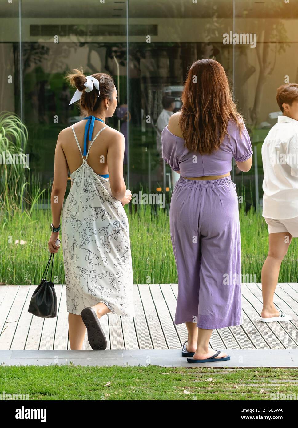 Back view of happiness female friends talking and walking along the ...