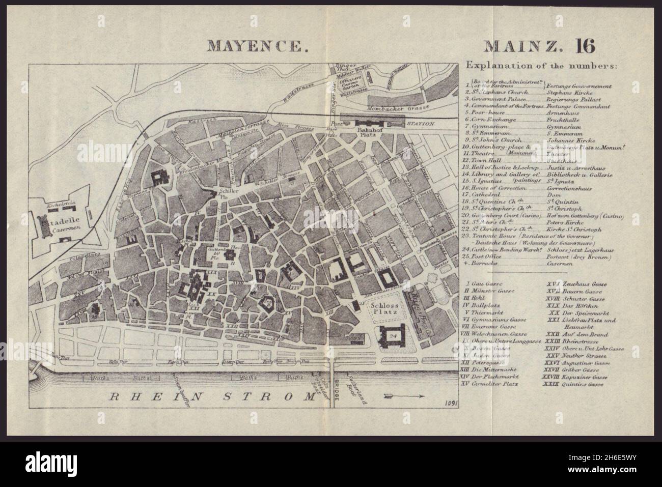 MAYENCE MAINZ antique town plan city map. Germany. BRADSHAW 1892 old ...
