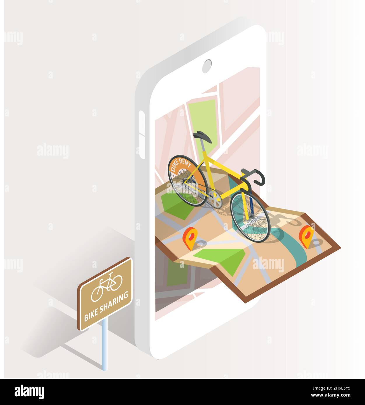 Bike sharing sign, smartphone with city map, location pins, bicycle ...