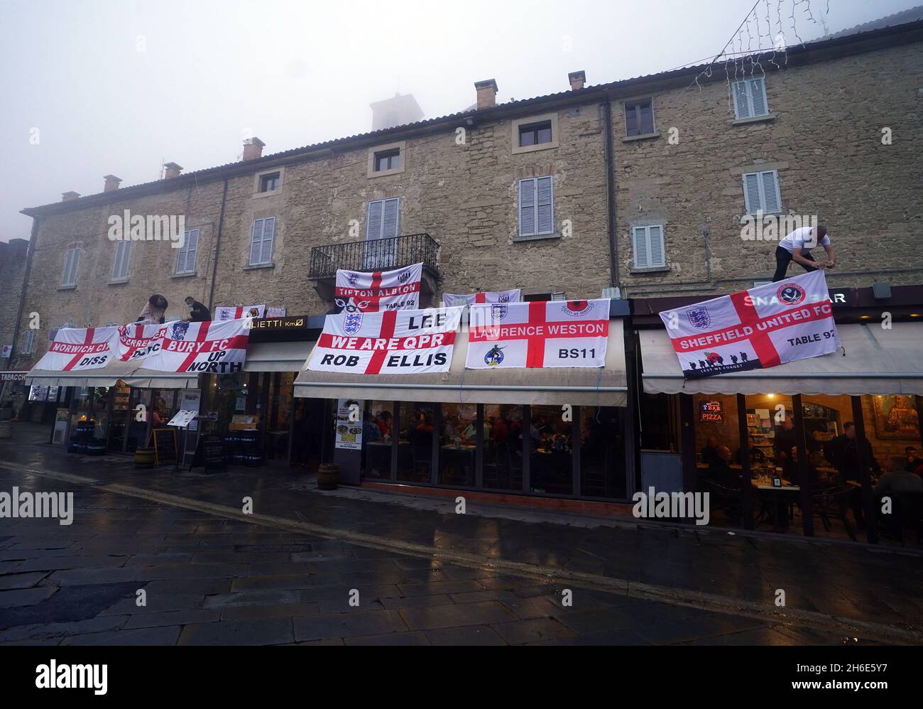 A restaurant decorated with England flags before the FIFA World Cup ...