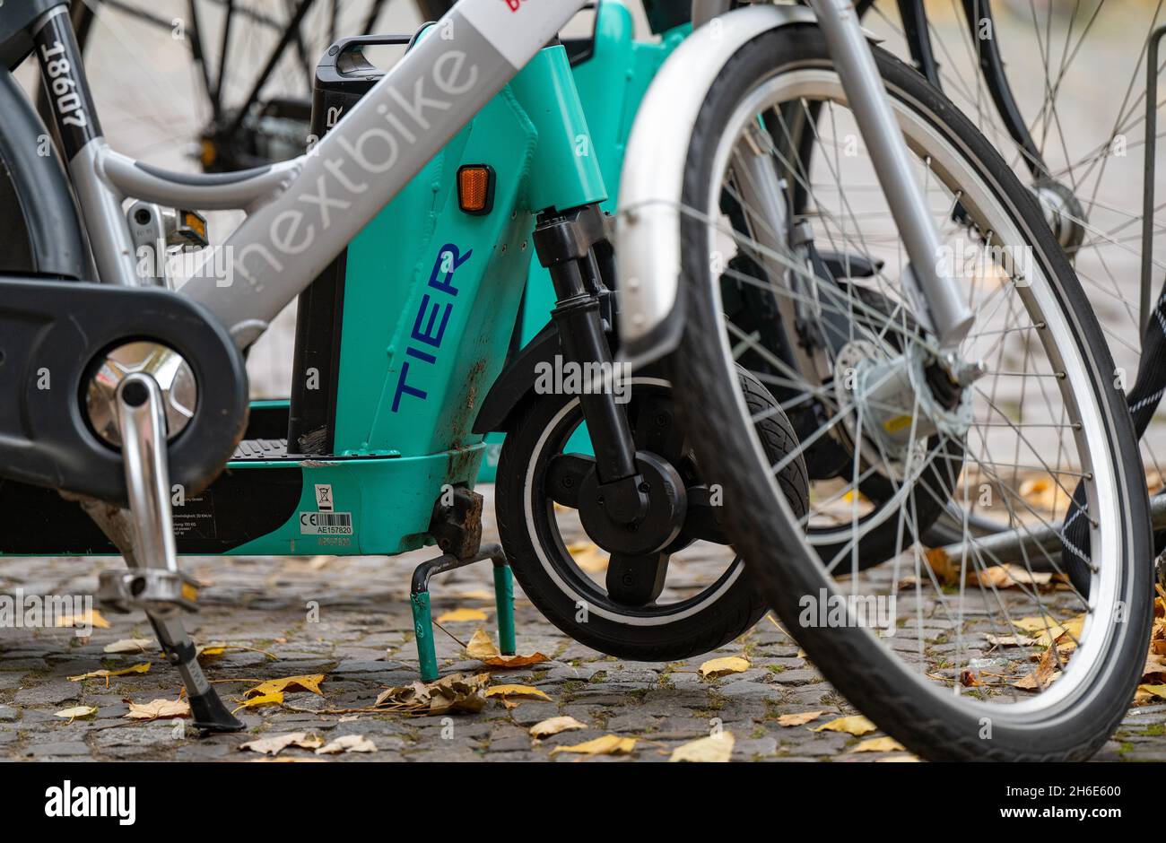 15 November 2021, Berlin: E-trek scooters from the provider Tier and a ...