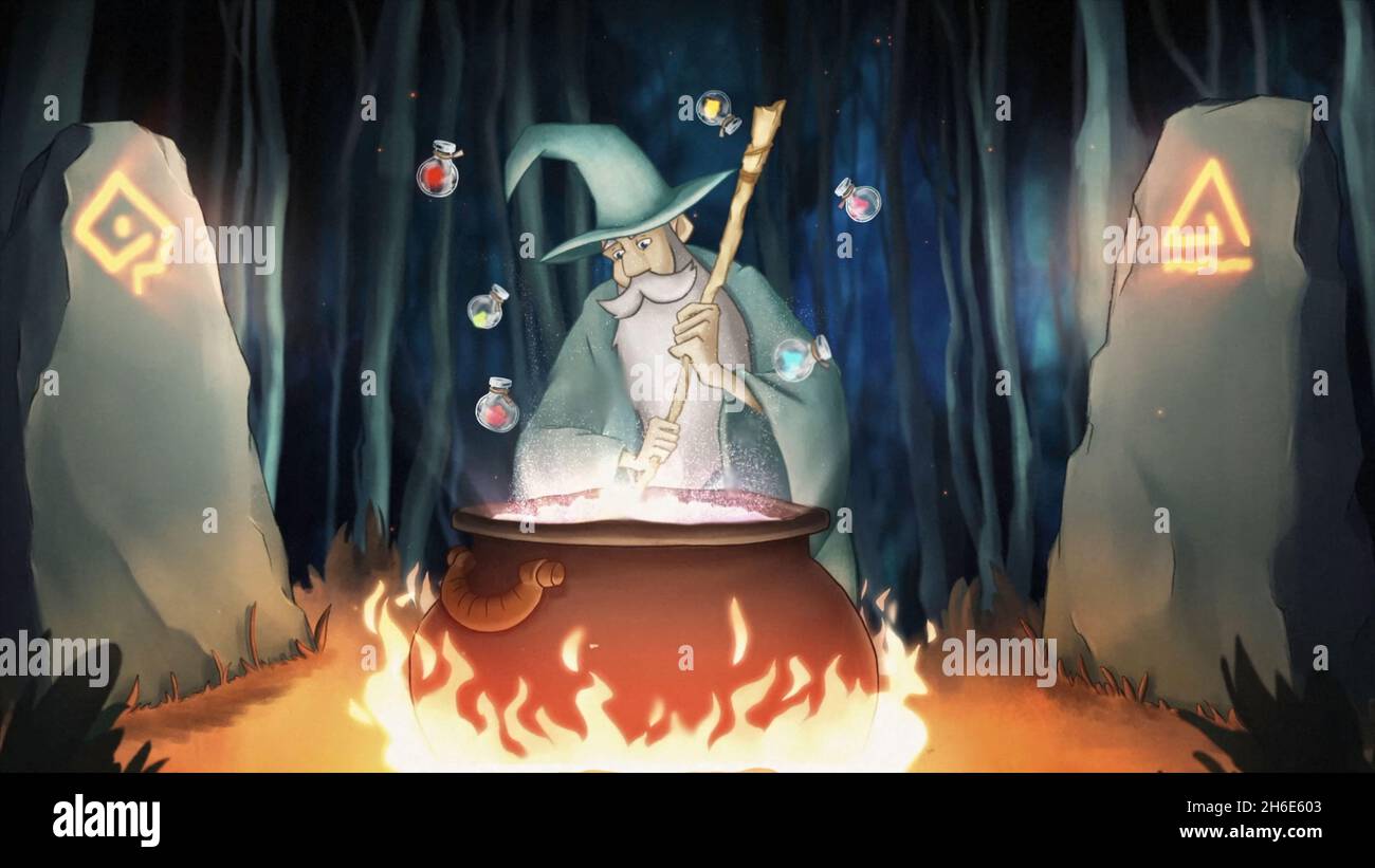 Beautiful animation of cartoon wizard preparing a potion in a cauldron ...