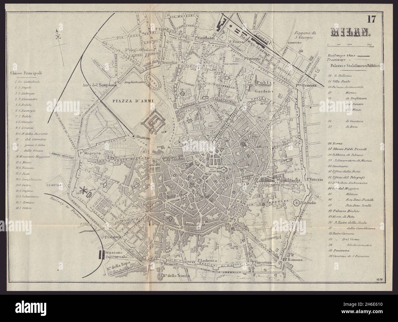 MILAN MILANO antique town plan city map. Italy. BRADSHAW 1893 old Stock ...