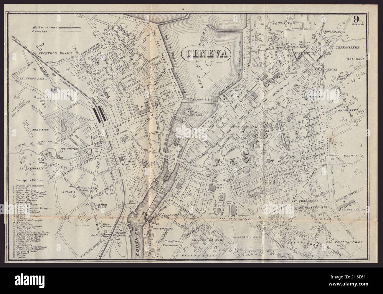 GENEVA GENÈVE GENF antique town plan city map. Switzerland. BRADSHAW ...
