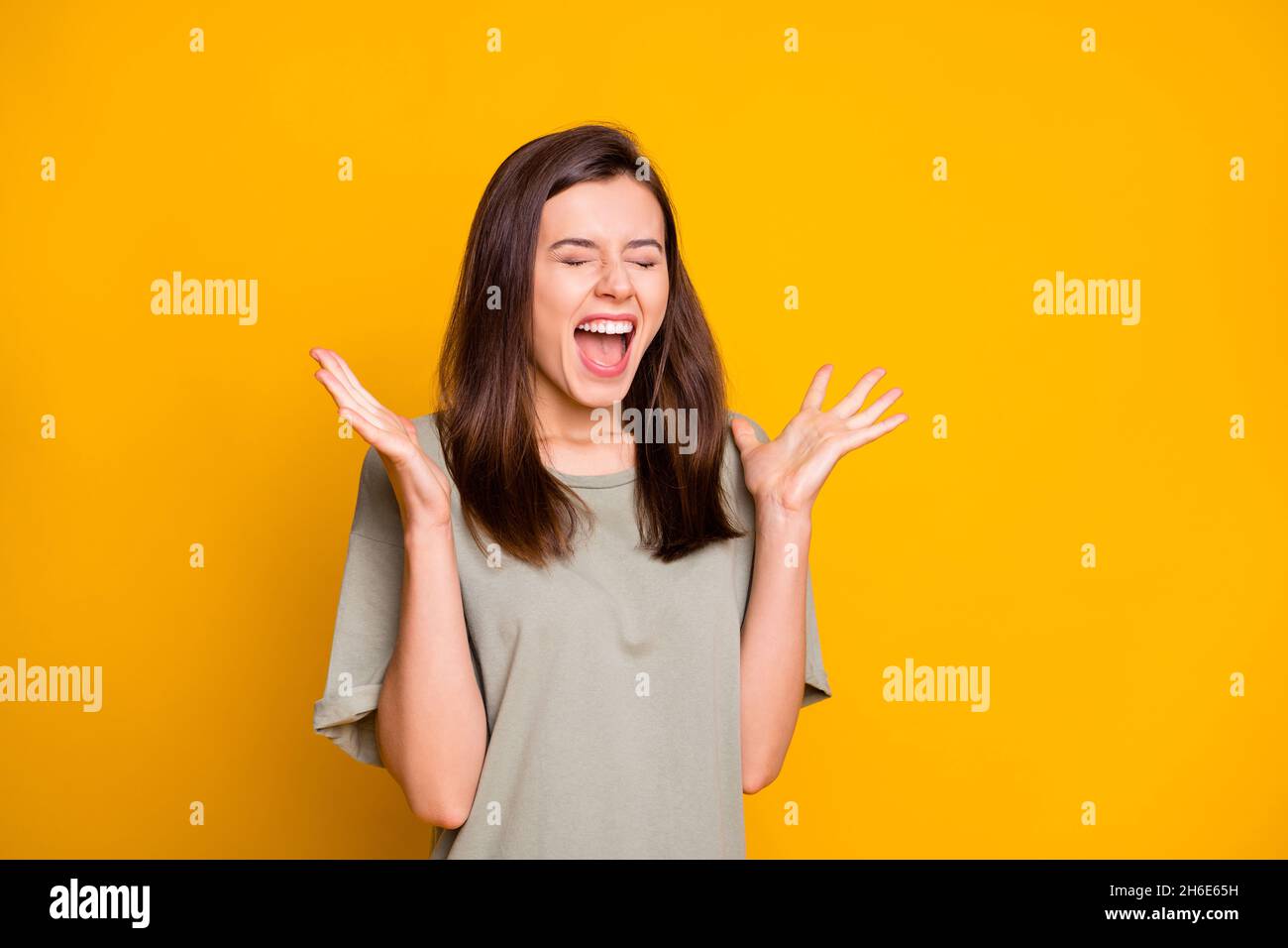 Photo of young happy positive excited crazy winner girl screaming with ...