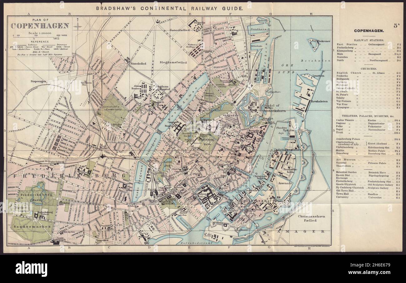 COPENHAGEN antique town plan city map. Denmark. BRADSHAW c1898 old ...