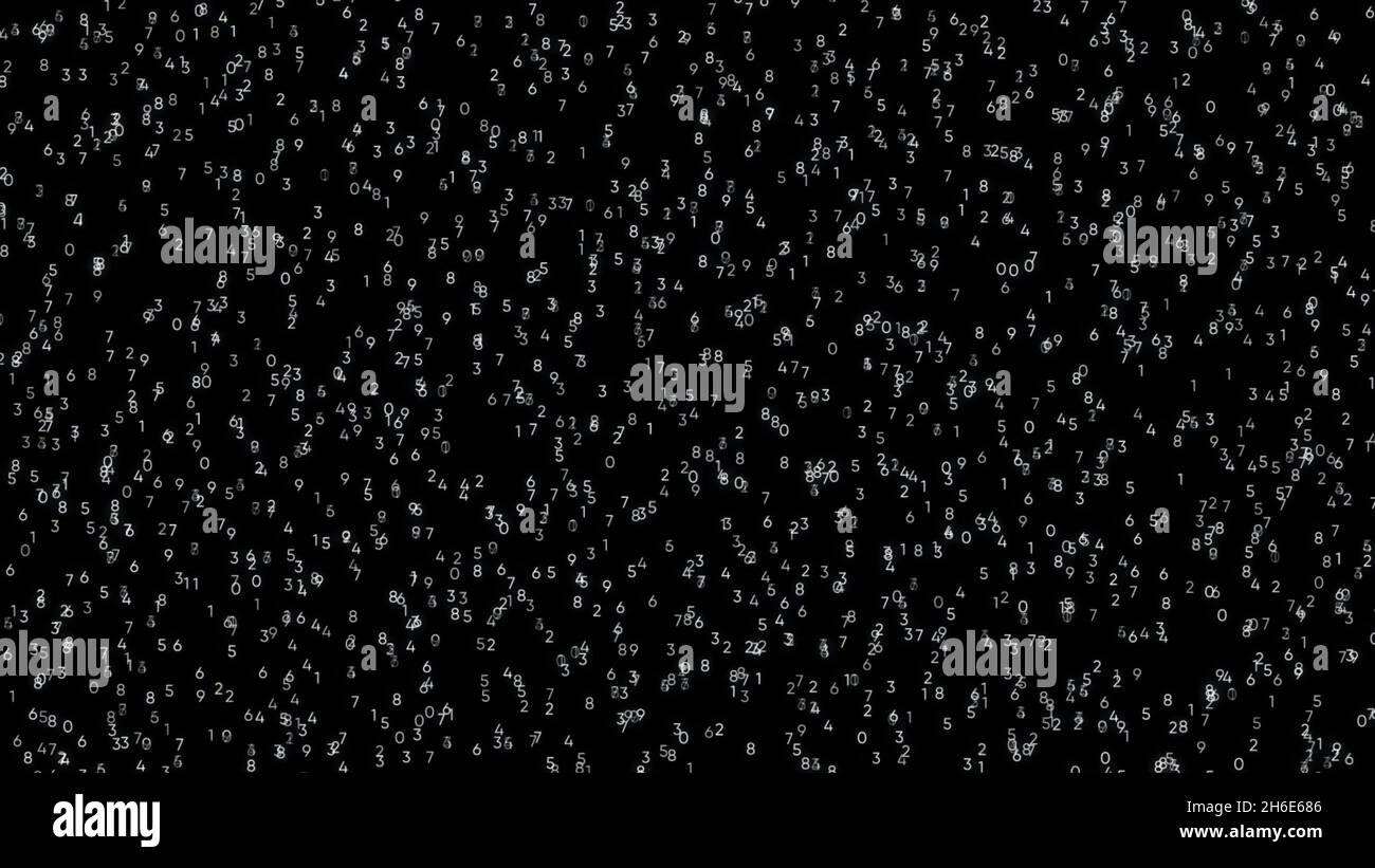 Black abstract background with flying small numbers changing their ...