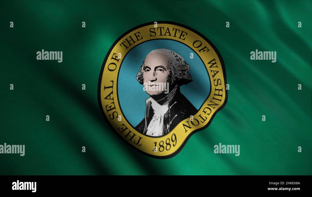 Abstract Washington state's flag waving in the wind. The flag consists ...