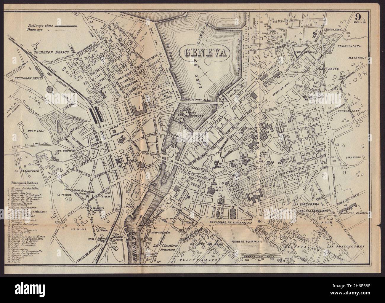 GENEVA GENÈVE GENF antique town plan city map. Switzerland. BRADSHAW ...