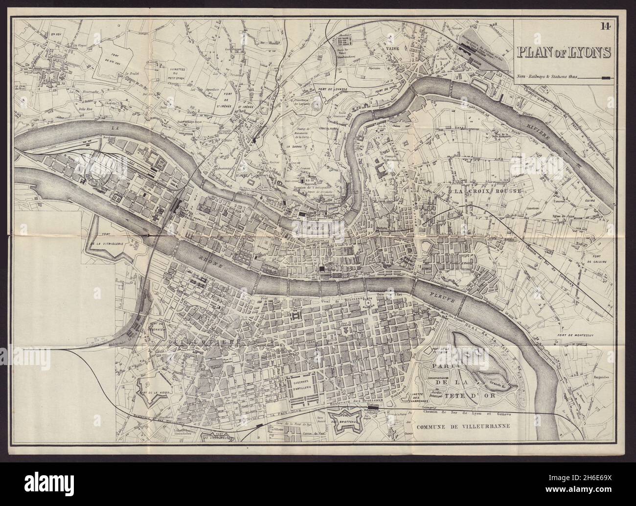 LYONS LYON antique town plan city map. France. BRADSHAW c1898 old Stock ...