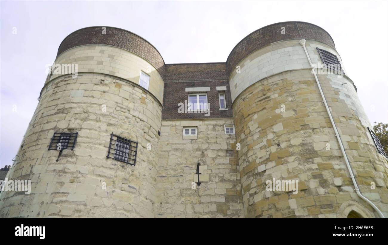 Bottom view of prison towers of fortress. Action. Semicircular towers ...