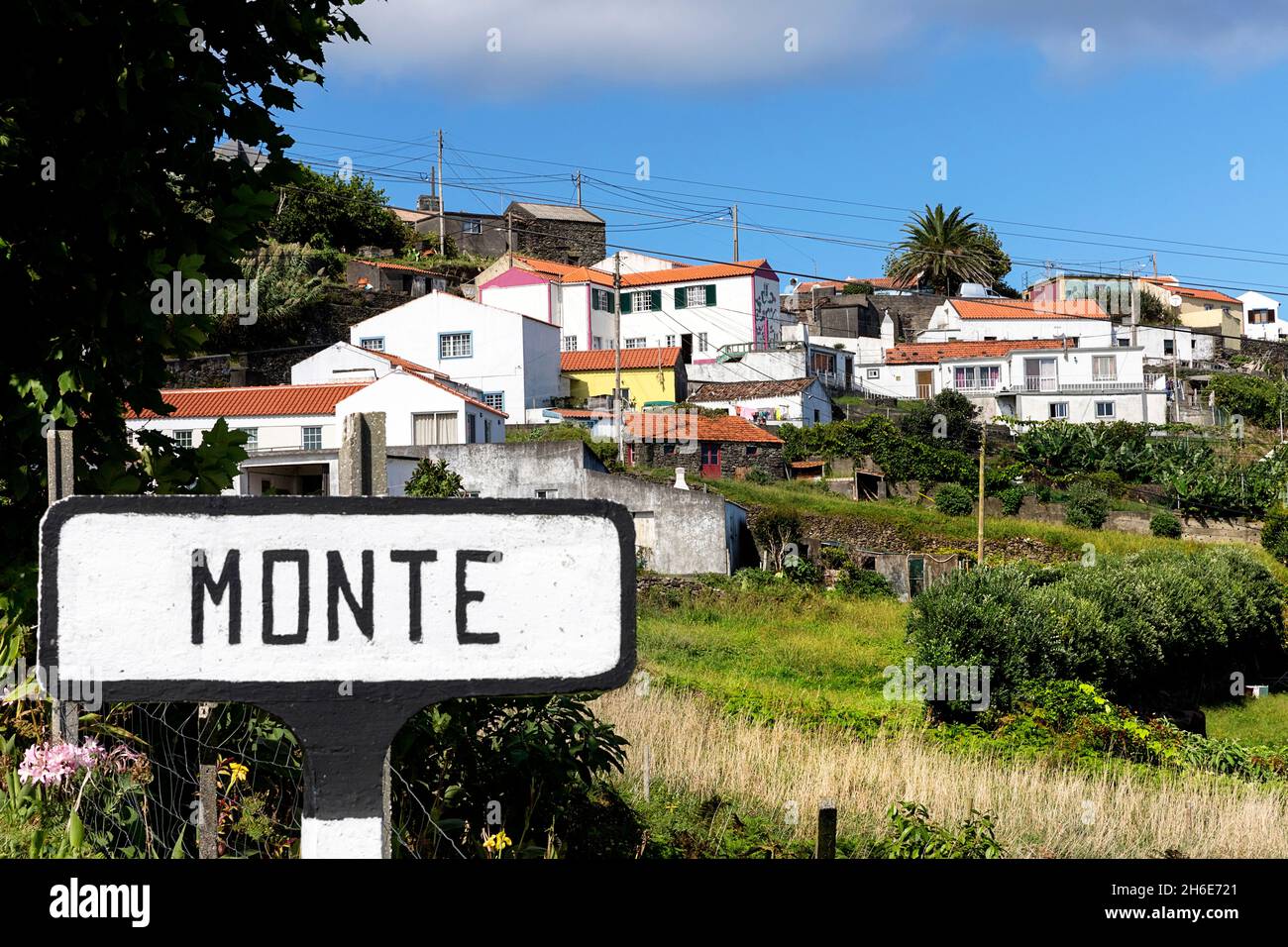Monte city sign on the road at Santa Cruz, Flores island. Azores ...
