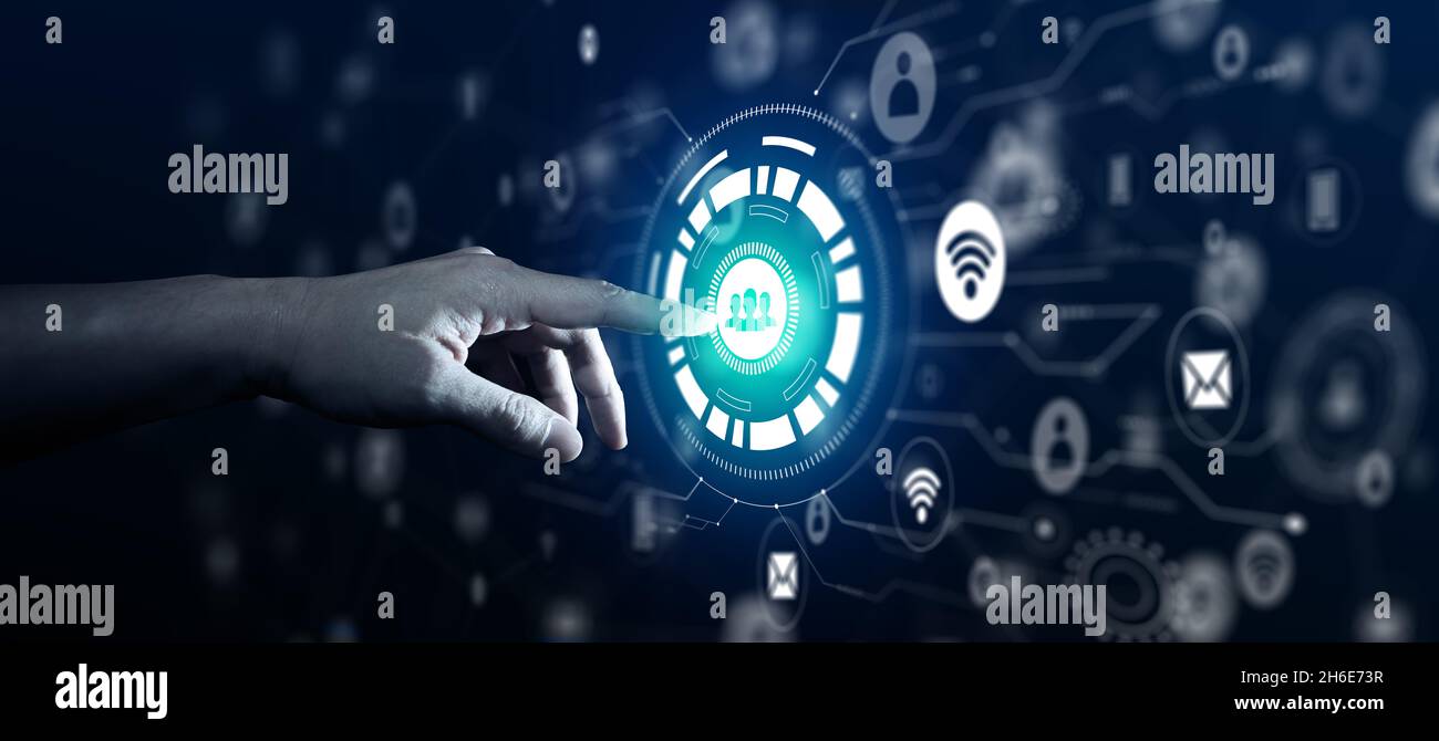 Businessman using finger on Virtual screen of Social Media. Social ...