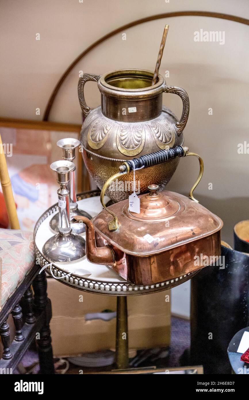 Antique copper kettle, silver candle holders and vase at Herts & Essex ...