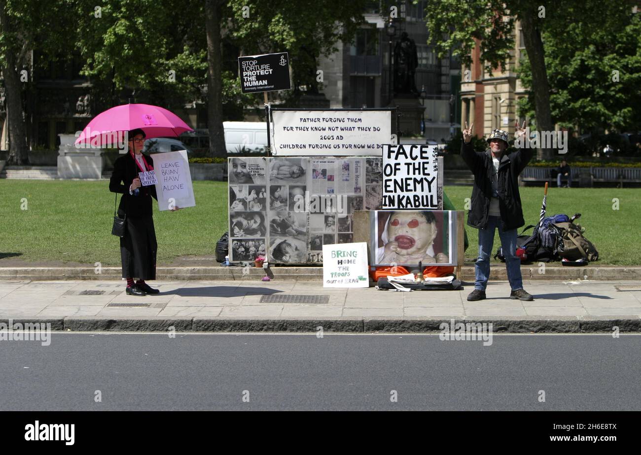 File photo dated: 23/05/06. Peace Activist Brian Haw outside The Houses ...