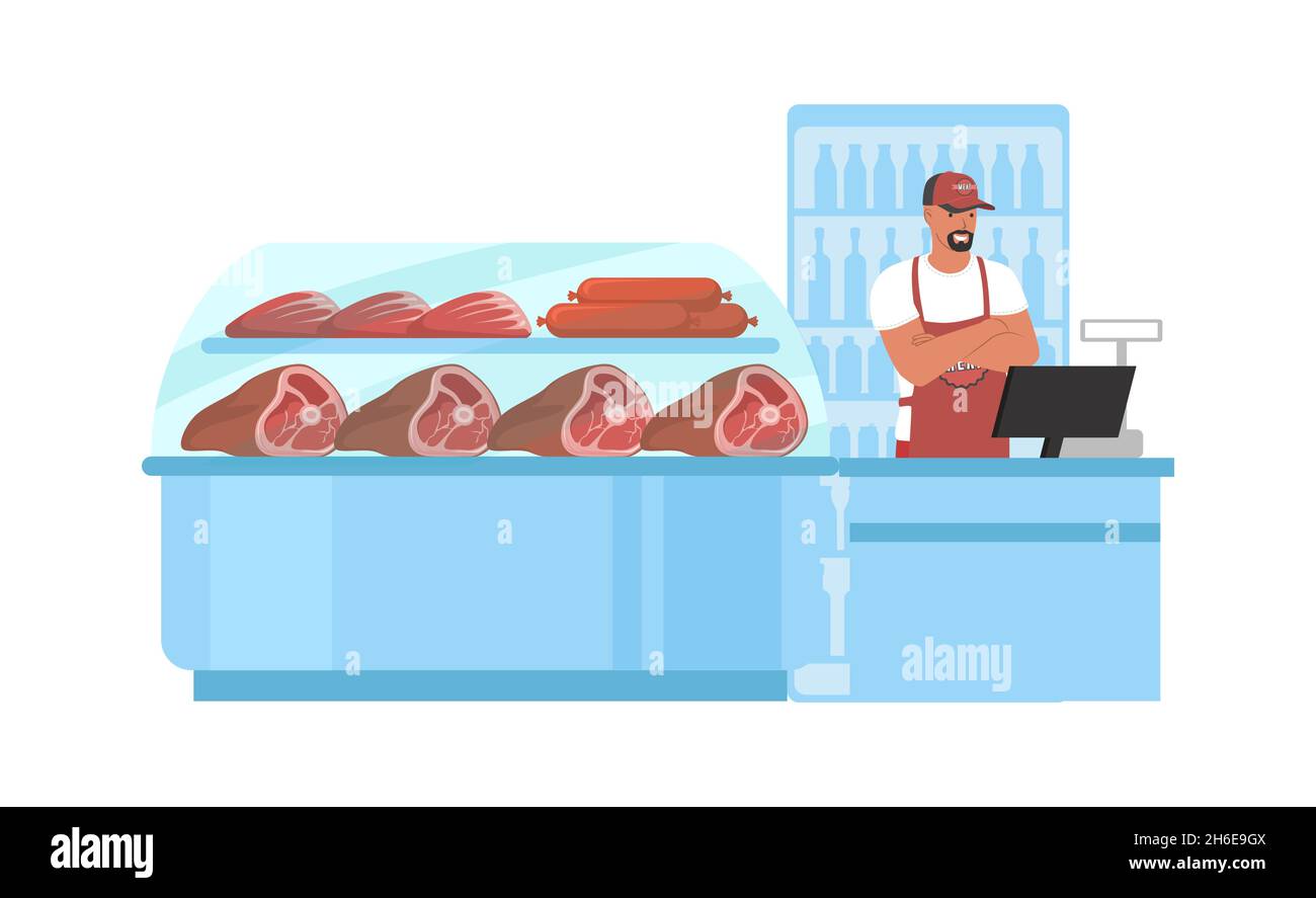 Meat store, farm food market. Supermarket, grocery store meat section ...