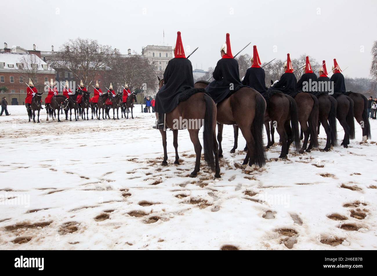 London Snow- The changing of the guards in the snow at Horse Guards ...
