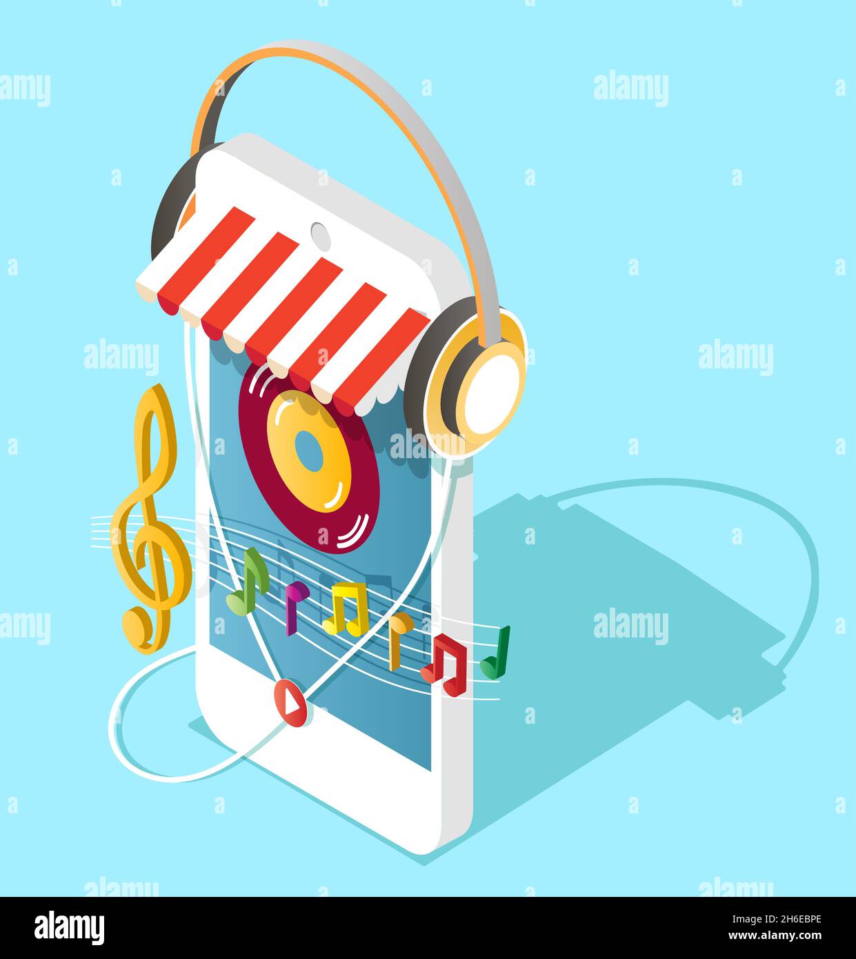Online music store, vector isometric illustration. Smartphone with ...
