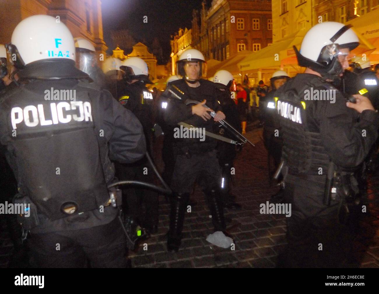 European Championships trouble, Poland. Riot police pictured in Poznan ...