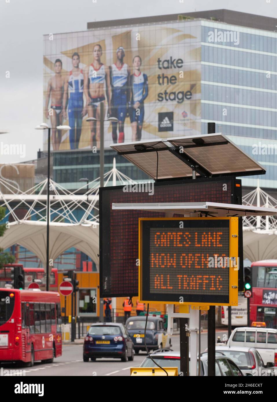 Olympic lane sign next to the Olympic park in Stratford, East London ...