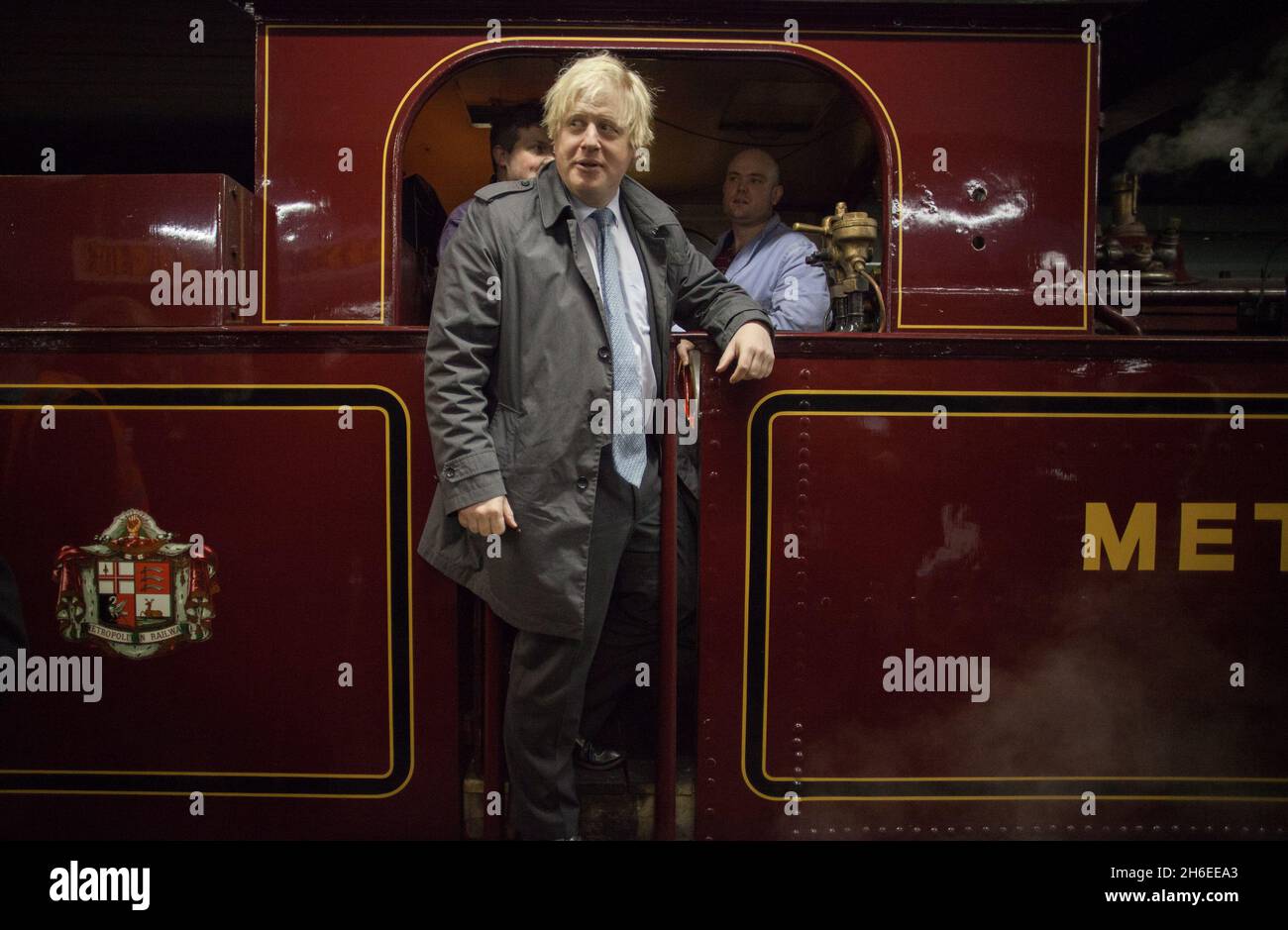 Boris Johnson rides a steam train on its journey from Moorgate station ...