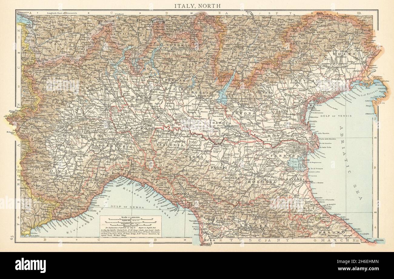 Northern Italy. Po valley. THE TIMES 1895 old antique vintage map plan ...