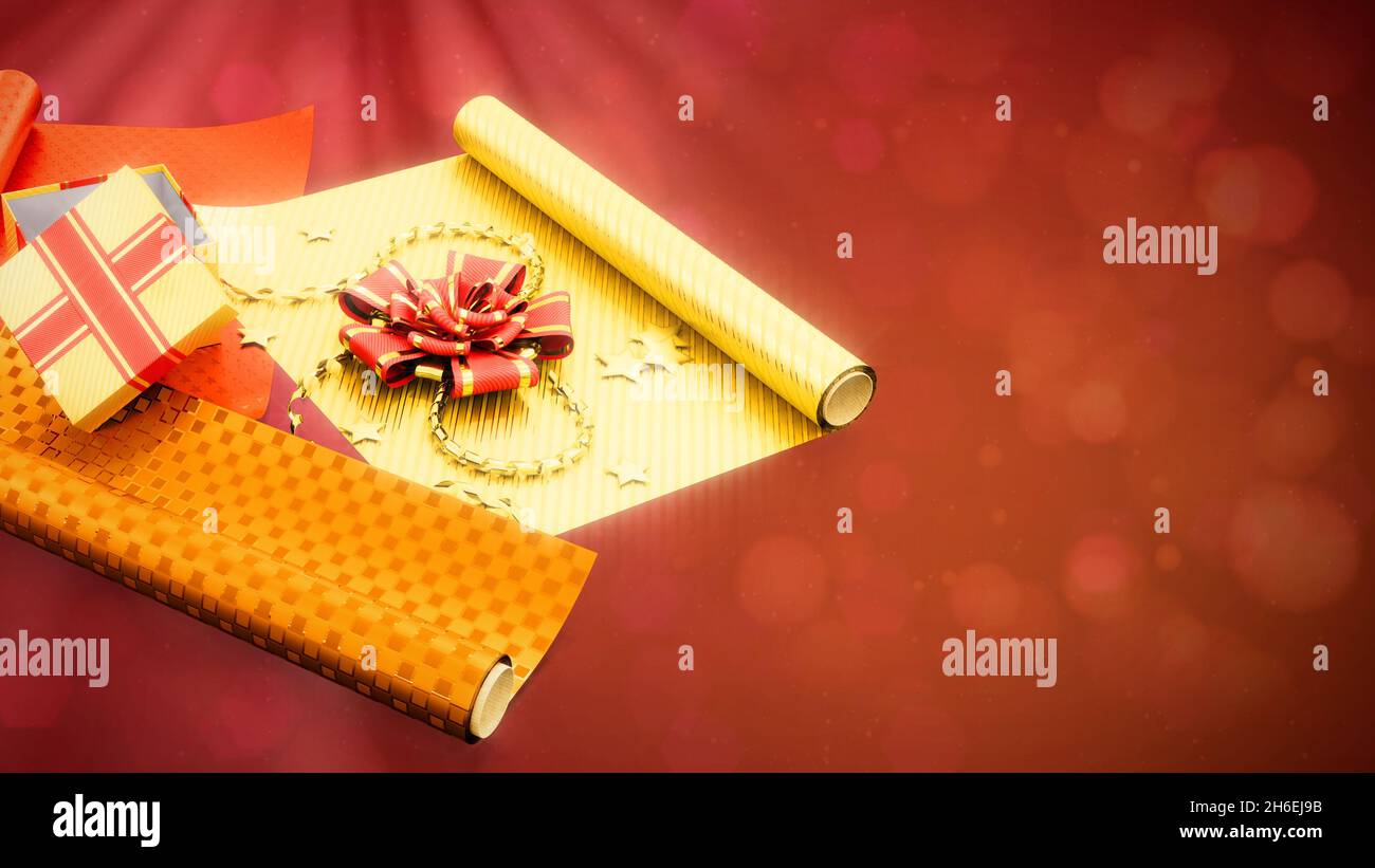 present wrapping paper and present box on festal bg - abstract 3D ...