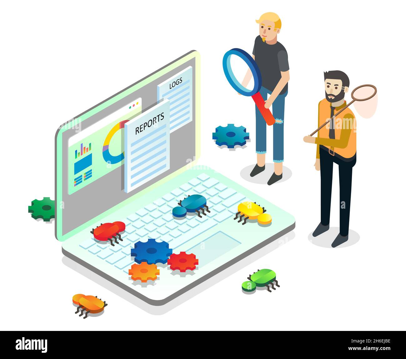People catching bugs on computer screen, vector isometric illustration ... People catching bugs on computer screen, vector isometric illustration ...