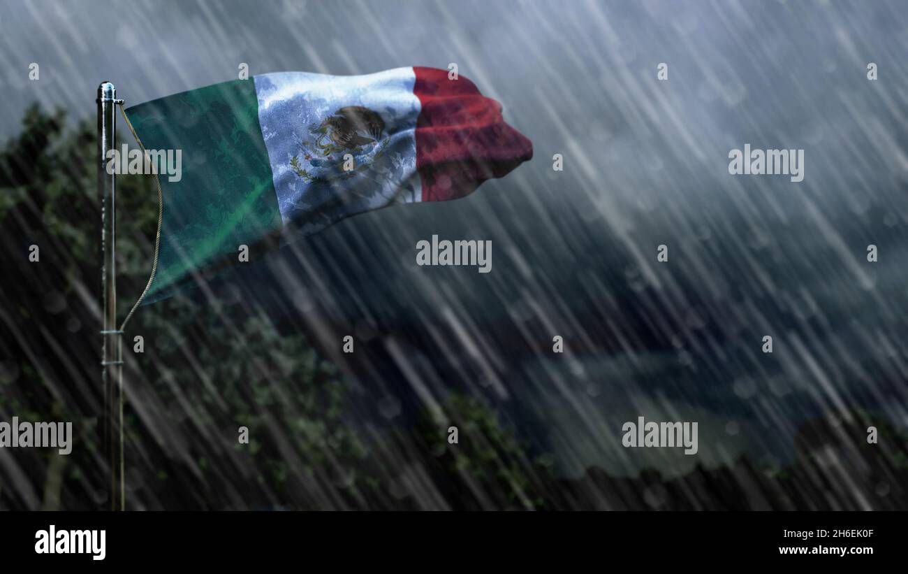 flag of Mexico with rain and dark clouds, bad weather symbol - nature ...