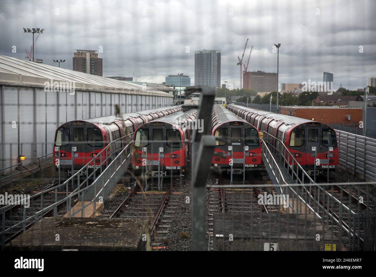 Central line trains sit unused today in an East London depot Stock ...