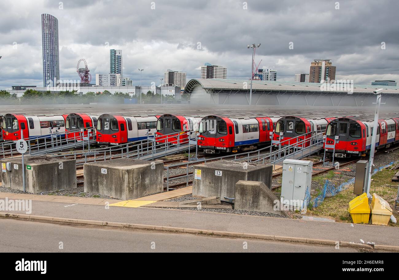 Central line trains sit unused today in an East London depot Stock ...