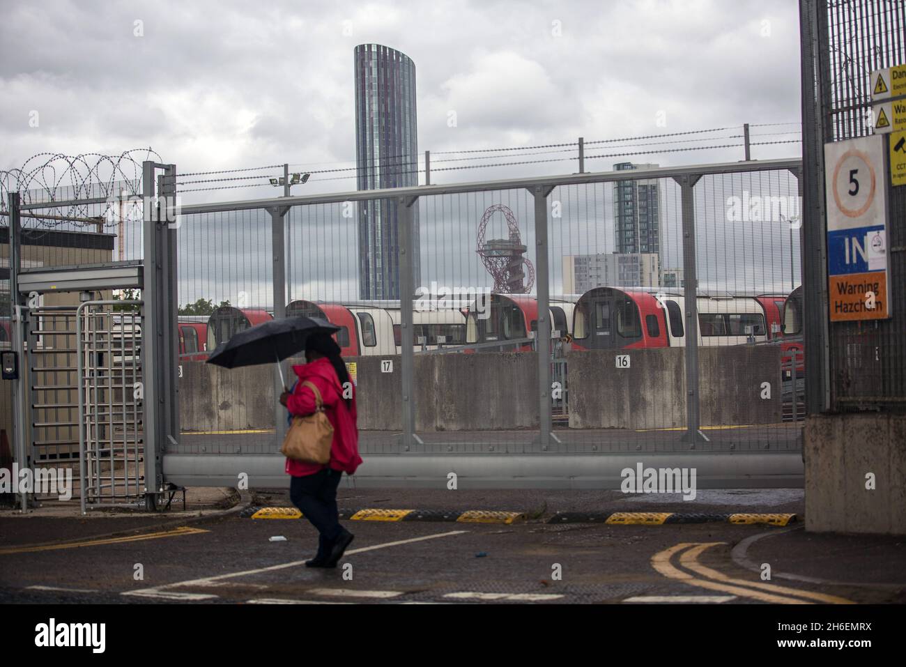 Central line trains sit unused today in an East London depot Stock ...