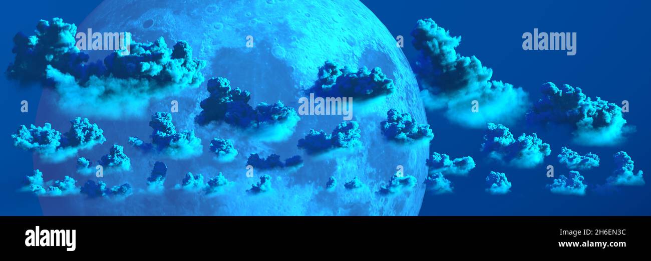backdrop - panorama of big clouds and moon . cgi nature 3D rendering ...